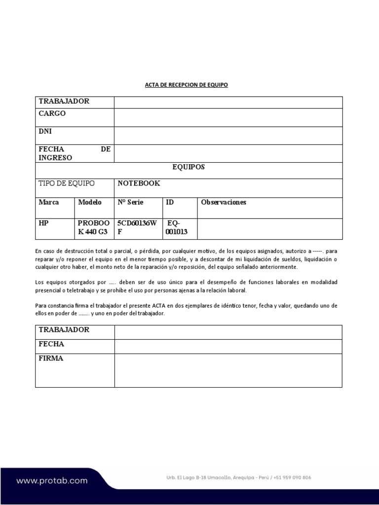 Cargo de Entrega de Equipo Empresa | PDF