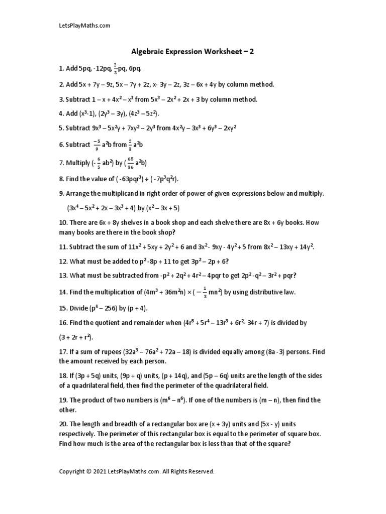 Algebraic Expression Worksheet - 2 | PDF