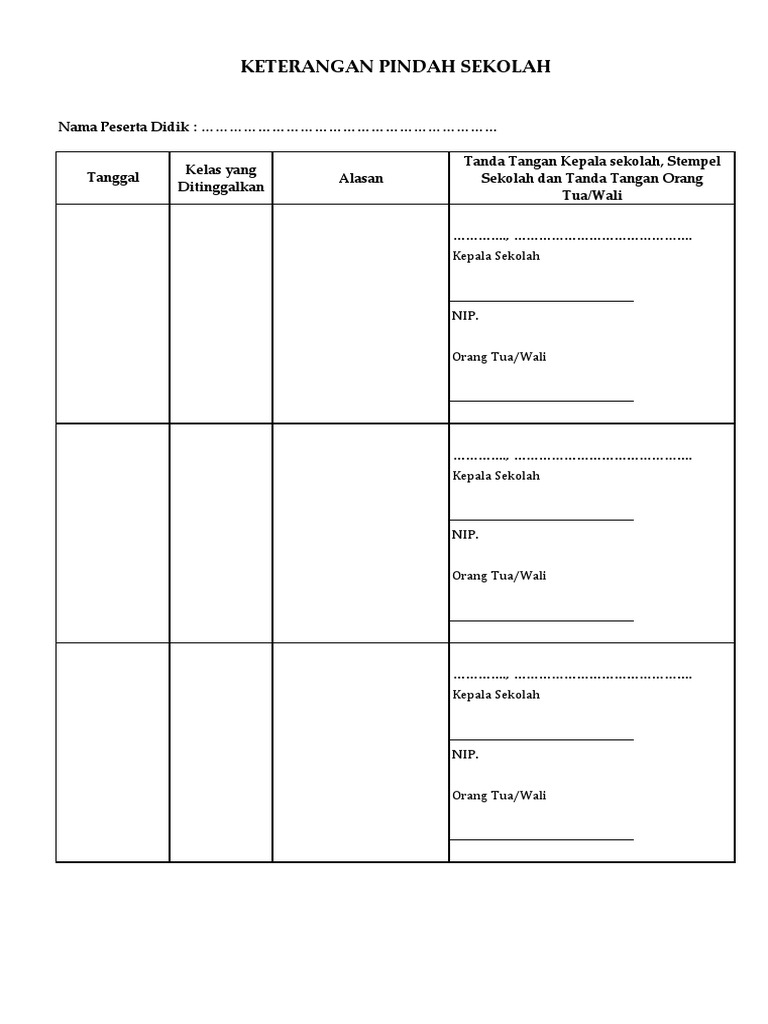 Lembar Keterangan Pindah Sekolah | PDF