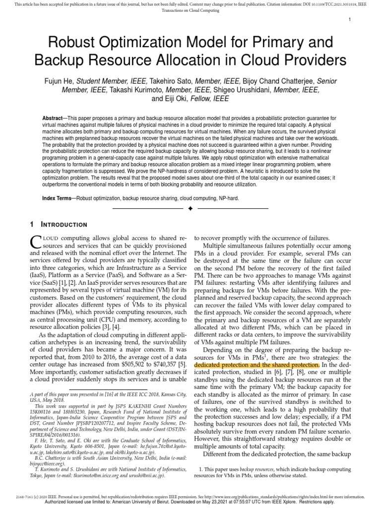 Robust Optimization Model For Primary and Backup Resource Allocation in Cloud Providers | PDF ...