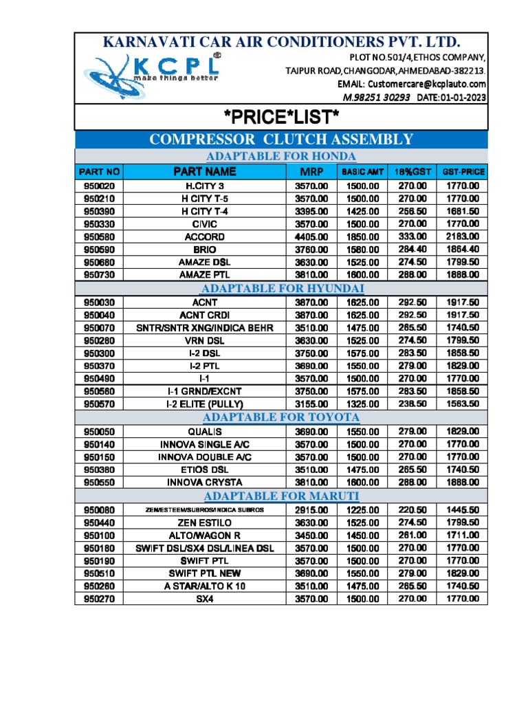 Ac Price List @2023 | PDF | Nissan | Vehicle Technology