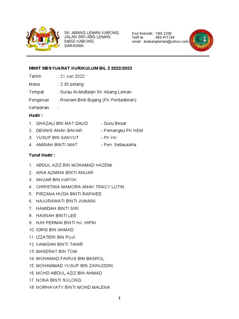 Minit Mesyuarat Kurikulum Bil 2 2022 | PDF