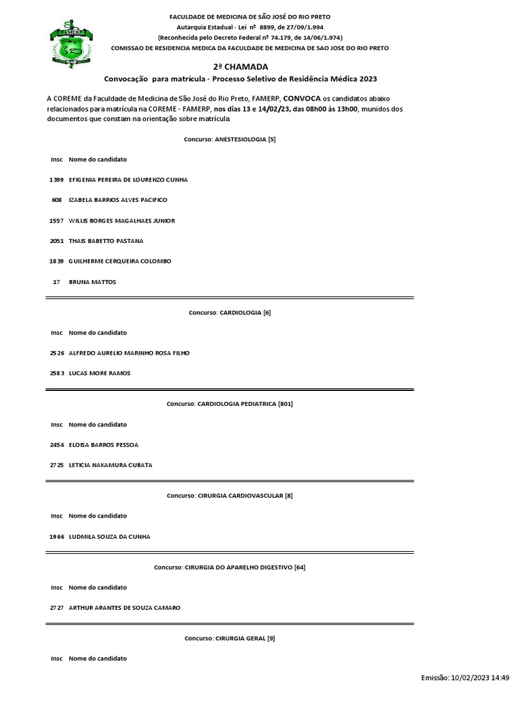 2a Chamada Da Residencia Medica | PDF | Ciências da Saúde | Especialidades médicas