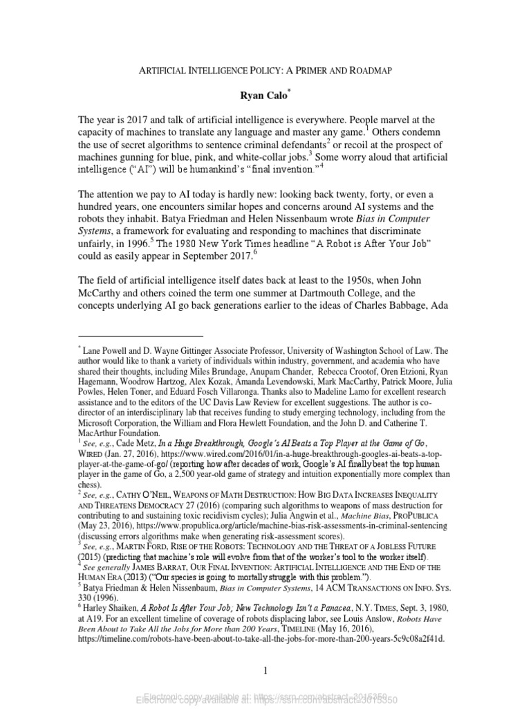 Calo, Artificial Intelligence Policy A Primer and Roadmap | PDF | Artificial Intelligence ...