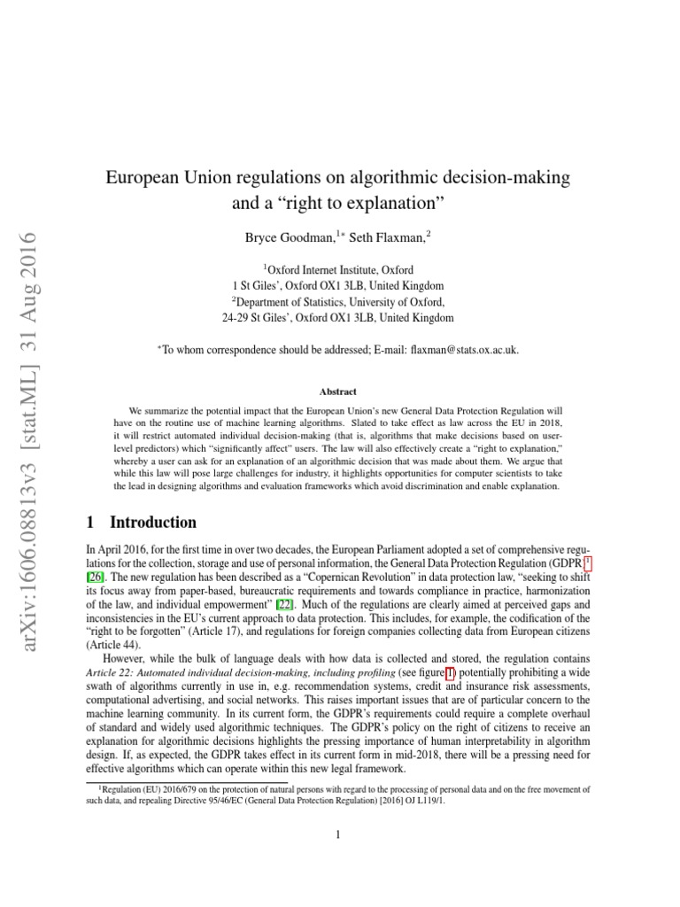 Flaxman, European Union Regulations On Algorithmic Decision-Making and ...