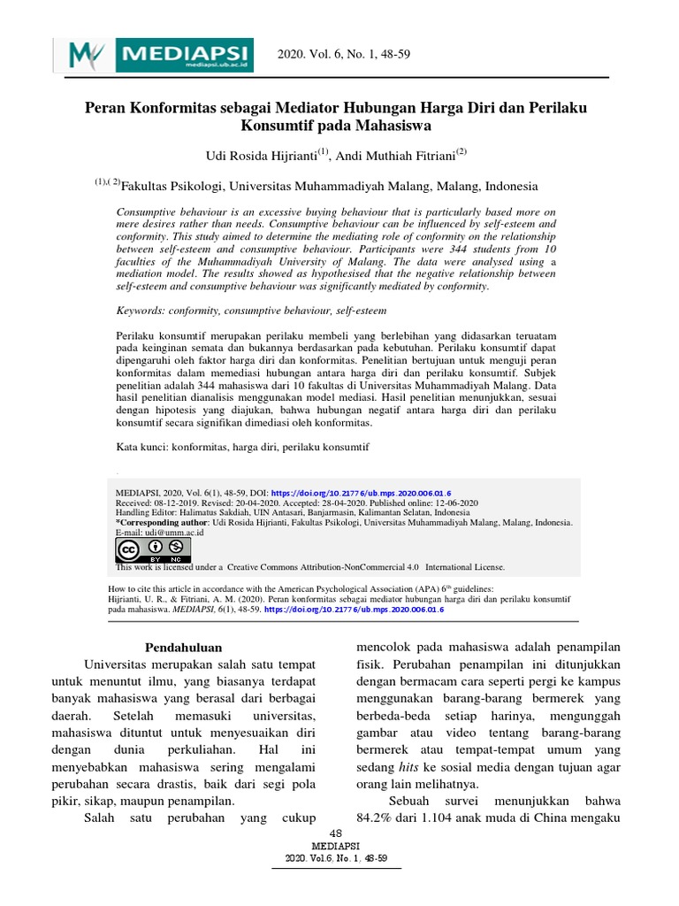 Admin, (6) Peran Konformitas Sebagai Mediator Hubungan Antara Harga Diri Dan Perilaku Konsumtif ...