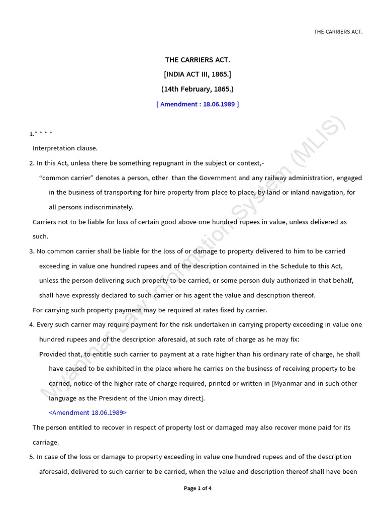 Overview of the Carriers Act 1865 | PDF | Legal Liability | Common Carrier
