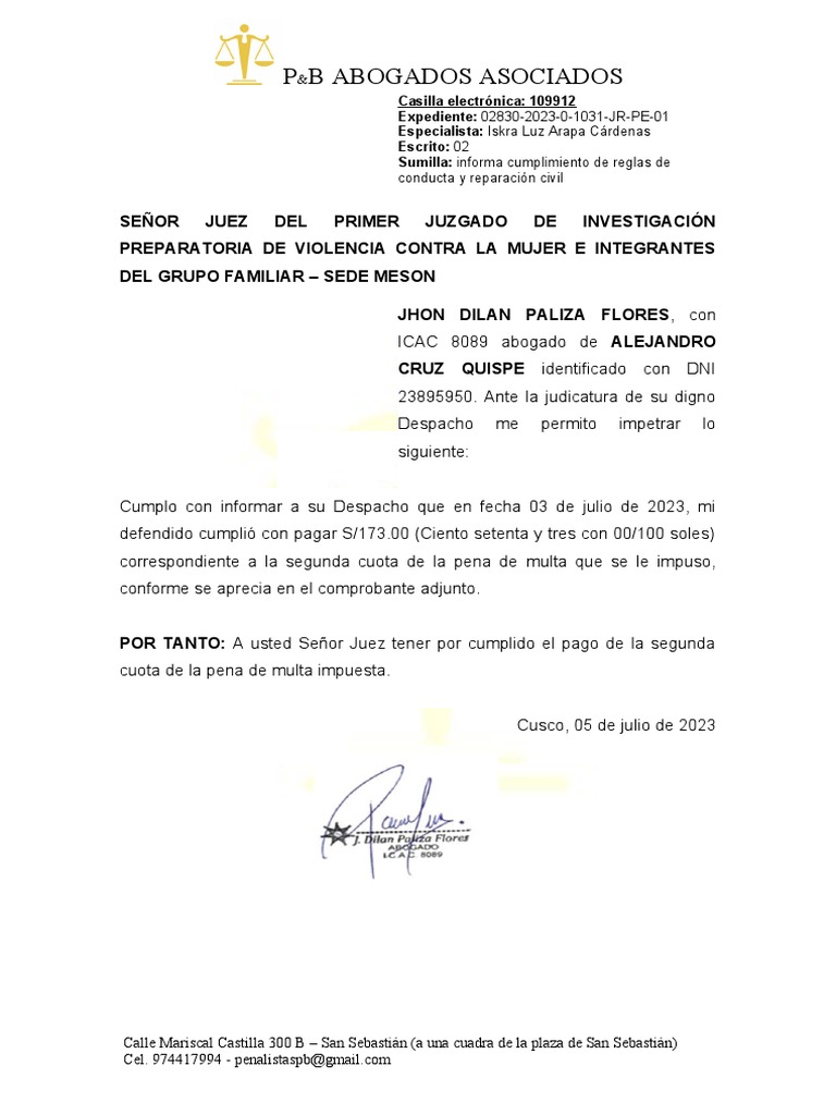 Escrito Alejandro Cruz Quispe (2da Multa) | PDF