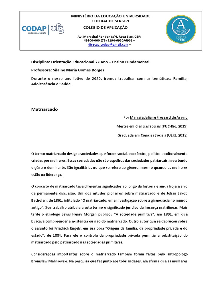 Atividades 7 V Silaine | PDF | Matriarcado | Patriarcado