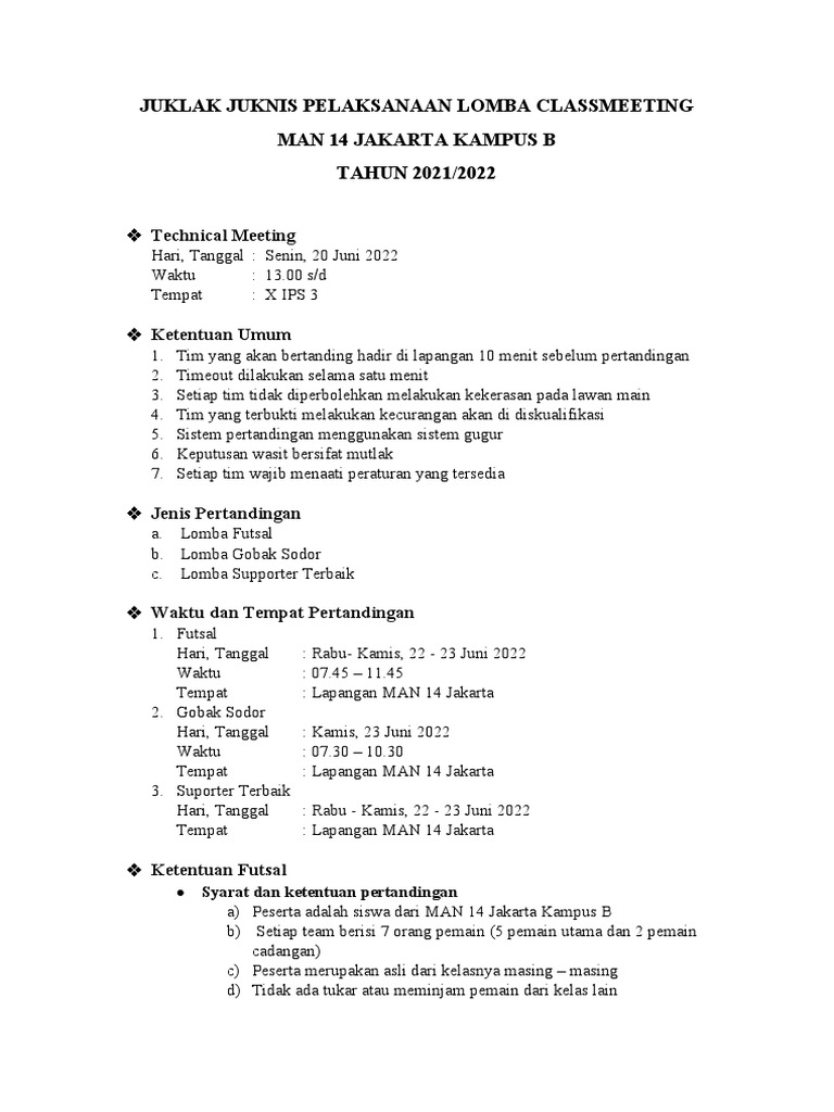 Juklak Juknis Pelaksanaan Lomba Classmeeting 2022 | PDF