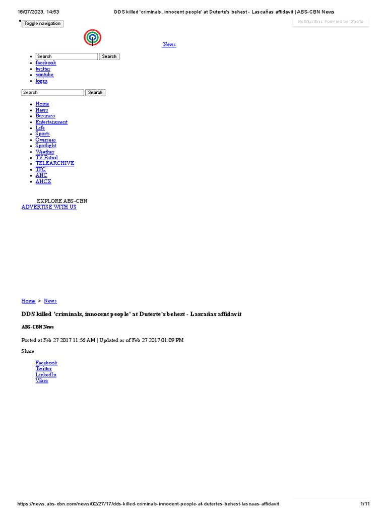 DDS Killed 'Criminals, Innocent People' at Duterte's Behest - Lascañas Affidavit - ABS-CBN News ...