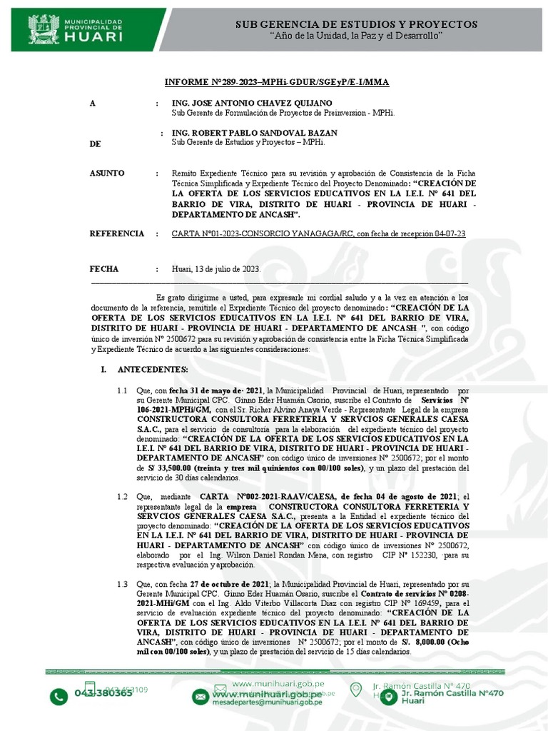 INFORME N°289-2023-MPHi-SGEyP - INFORME DE CONCISTENCIA INICIAL VIRA ...