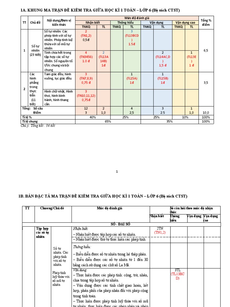De Thi GK1 Toan 6 CTST de 1 | PDF