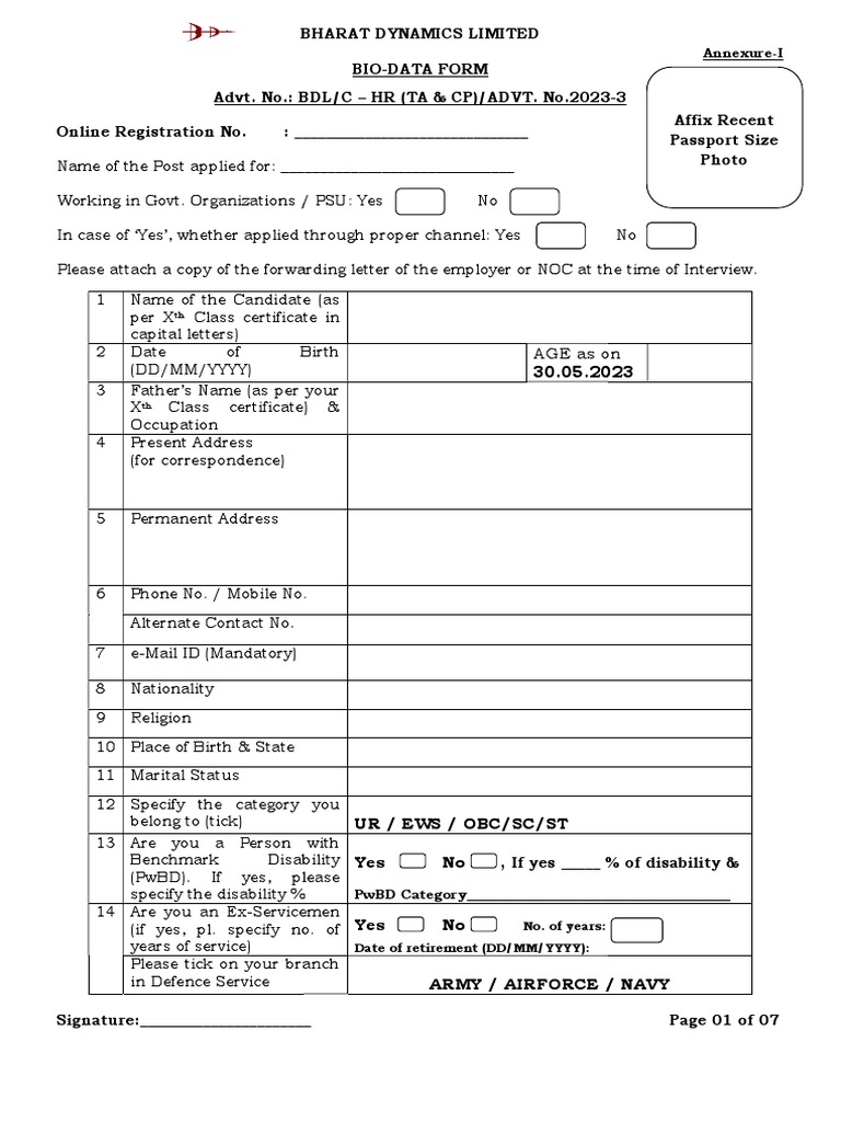 Bio Data Form 2023 3 | PDF