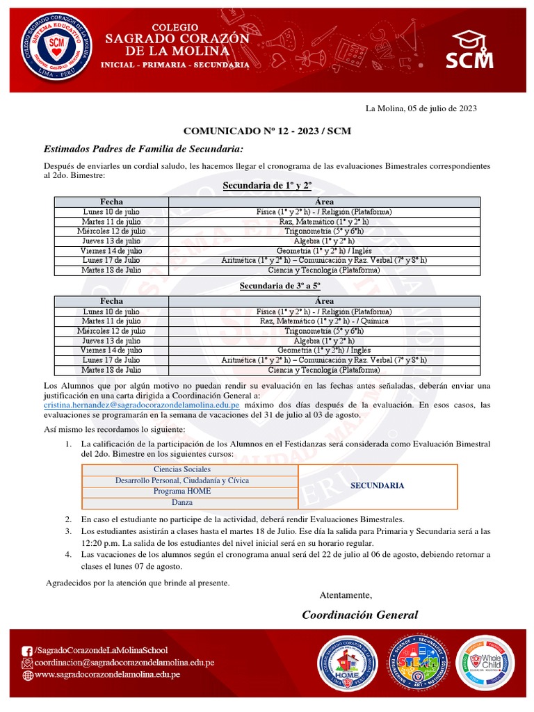 SCM 2023 CIRCULAR No 12 Cronograma de Evaluaciones Bimestrales Secundaria 2DO. BIMESTRE | PDF
