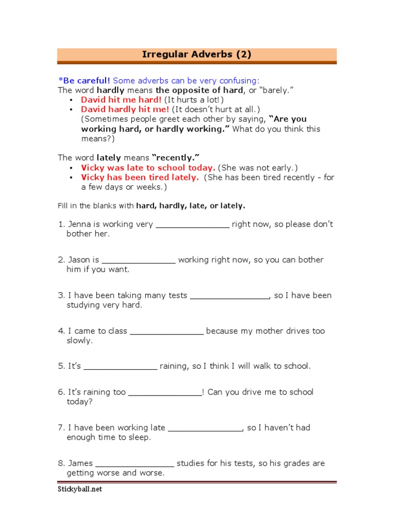 Irregular Adverbs Hard Hardly Late Lately | PDF | Career & Growth | Self-Improvement