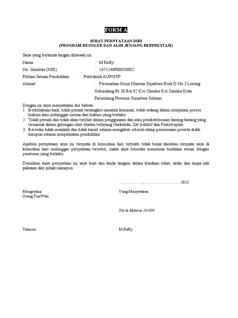 Form A (Reguler & Alih Jenjang Prestasi) | PDF