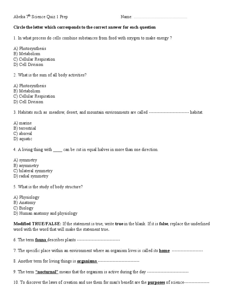 Abeka 7th Science Quiz 1 Prep | PDF