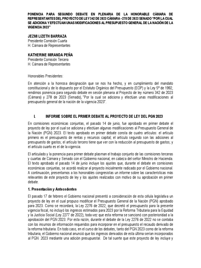 Proyecto de Ley 342 de 2023 Cámara - 278 de 2023 Senado | PDF | Inflación | Presupuesto