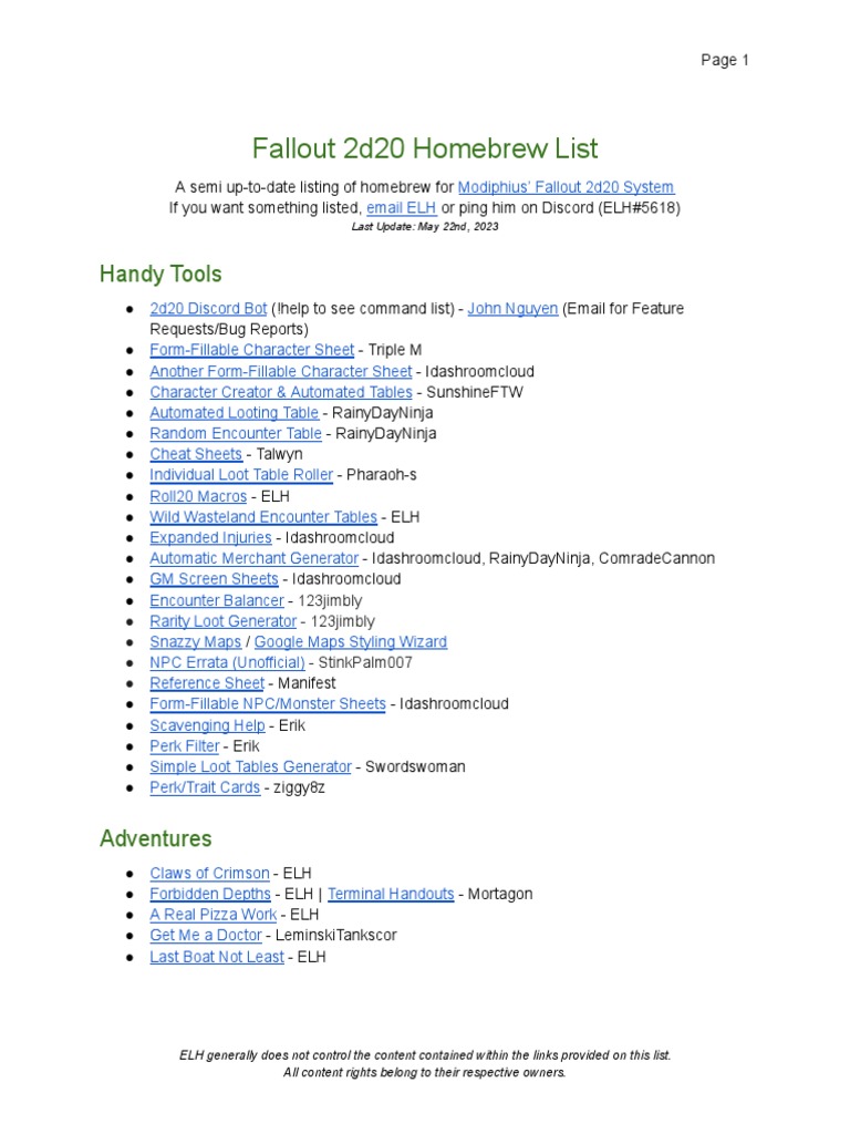 Fallout 2d20 Homebrew List | PDF | Gaming | Role Playing Games