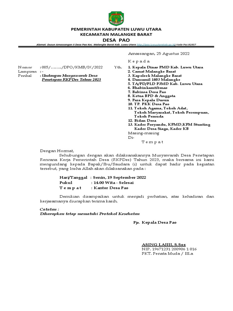 Undangan Penetapan RKPDes | PDF
