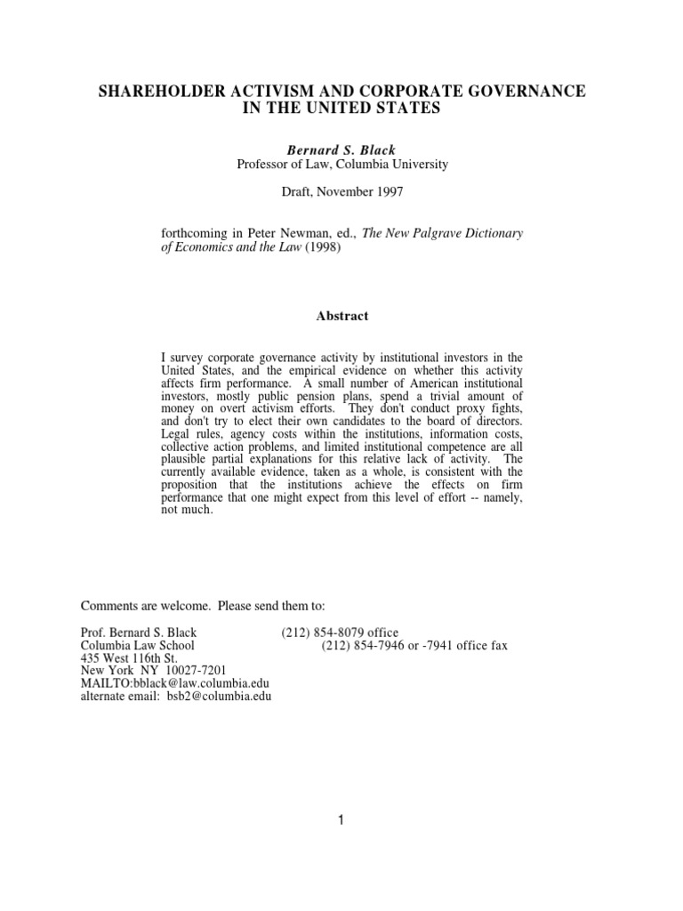 Shareholder Activism And Corporate Governance Pdf Board Of