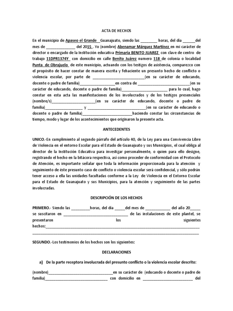Acta de Hechos Violencia Escolar | PDF | Justicia | Crimen y violencia