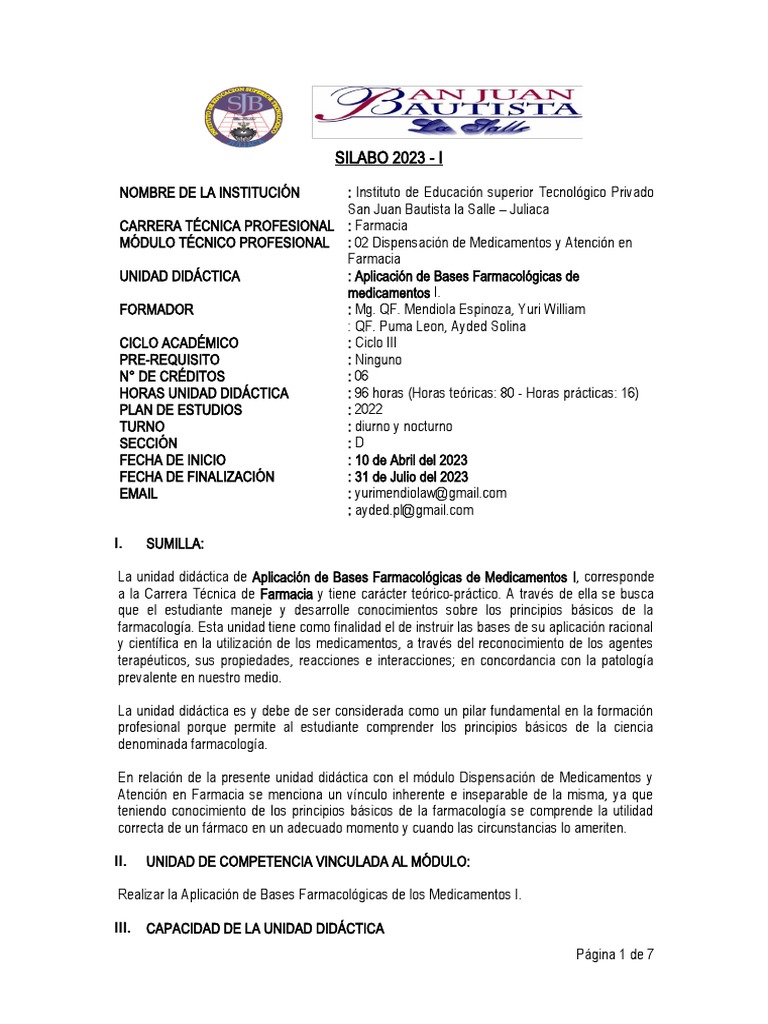 F IIIC Aplicacion de Bases Farmacologicas de Los Medicamentos I.docx SILABUS 2023 I 1 | PDF ...