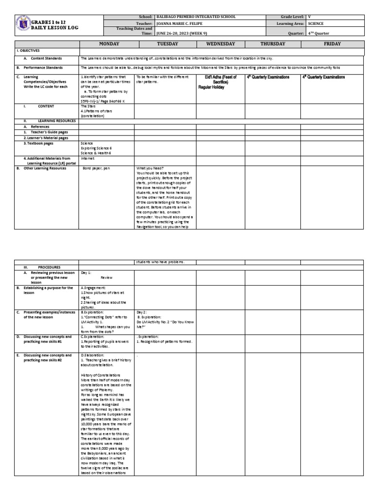Grade 5 DLL SCIENCE 5 Q4 Week 9 | PDF | Constellation | Stars