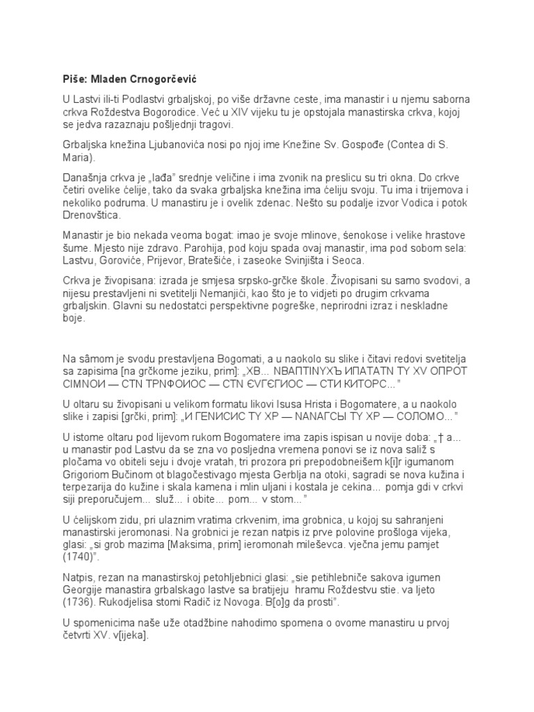 Manastir Roždestva Sv. Bogorodice U Grblju", Članak Mladena ...