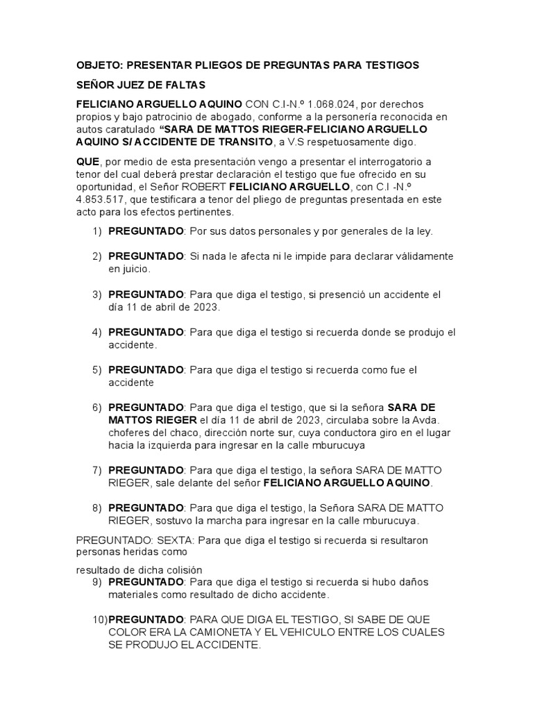 Pliego de Preguntas para Testigos | PDF | Testigo | Justicia