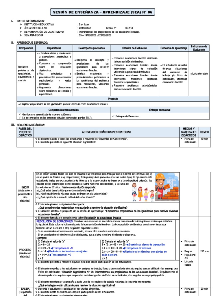 Sesion #06 - 1° Ecuaciones | PDF | Ecuaciones | Aprendizaje