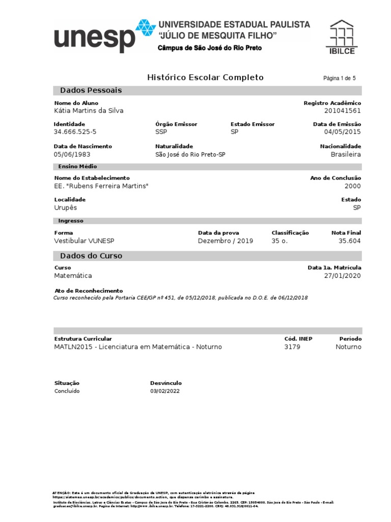 Histórico Escolar UNESP - 2022 | PDF | Geometria | Matemática