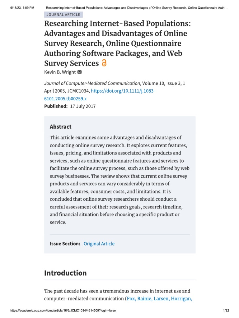 Researching Internet-Based Populations Advantages and Disadvantages | PDF