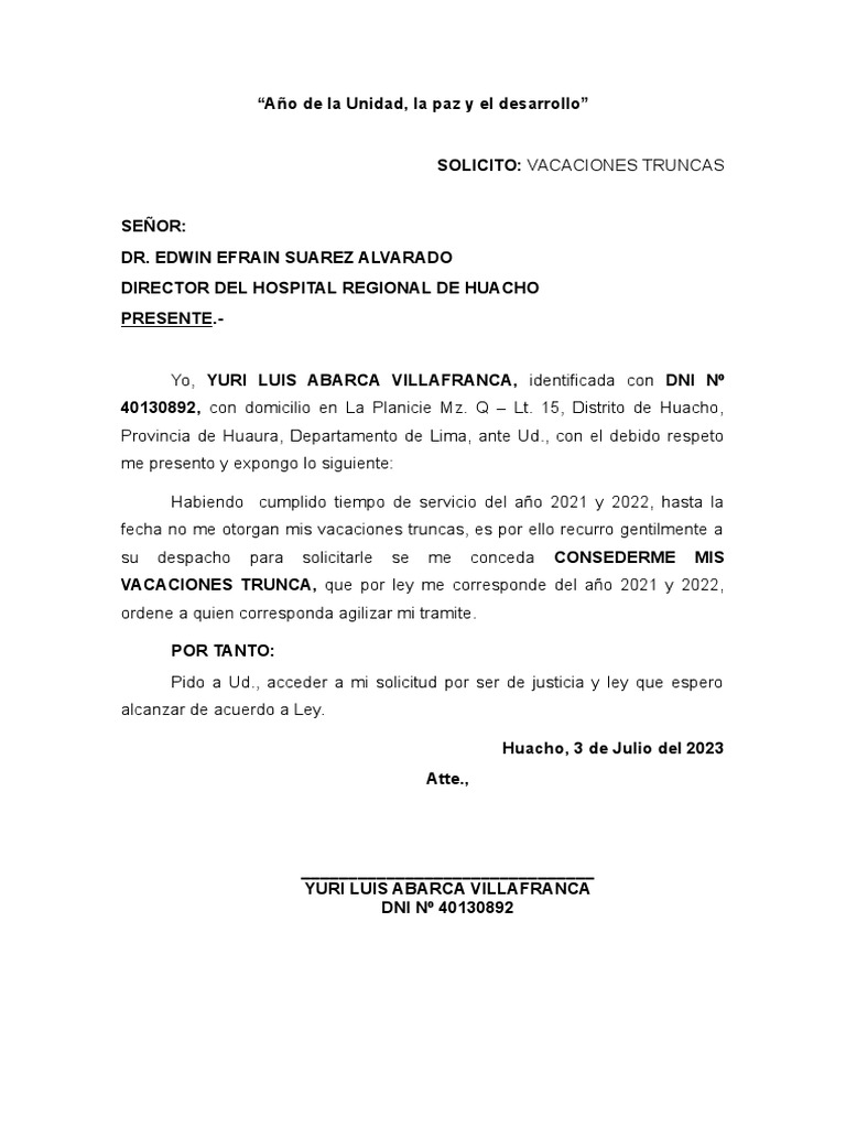 Solicito Vacaciones Truncas 2023 | PDF