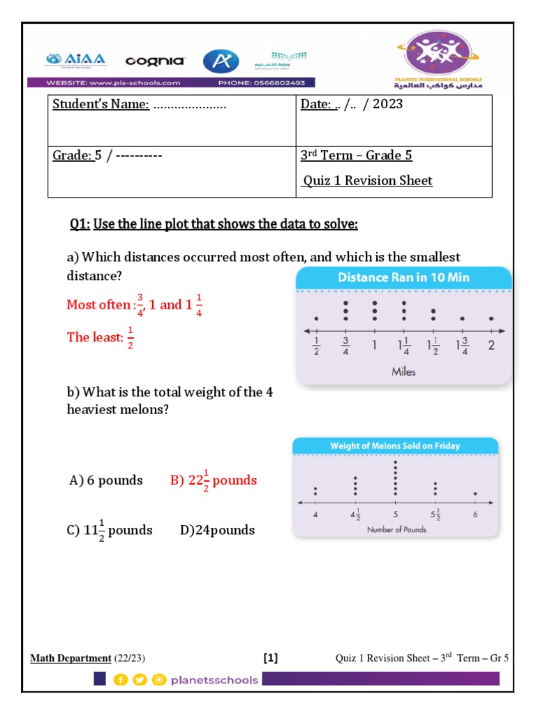 1st Revision GR5 3rd Term Model Answers | PDF | Quantity | Mathematics