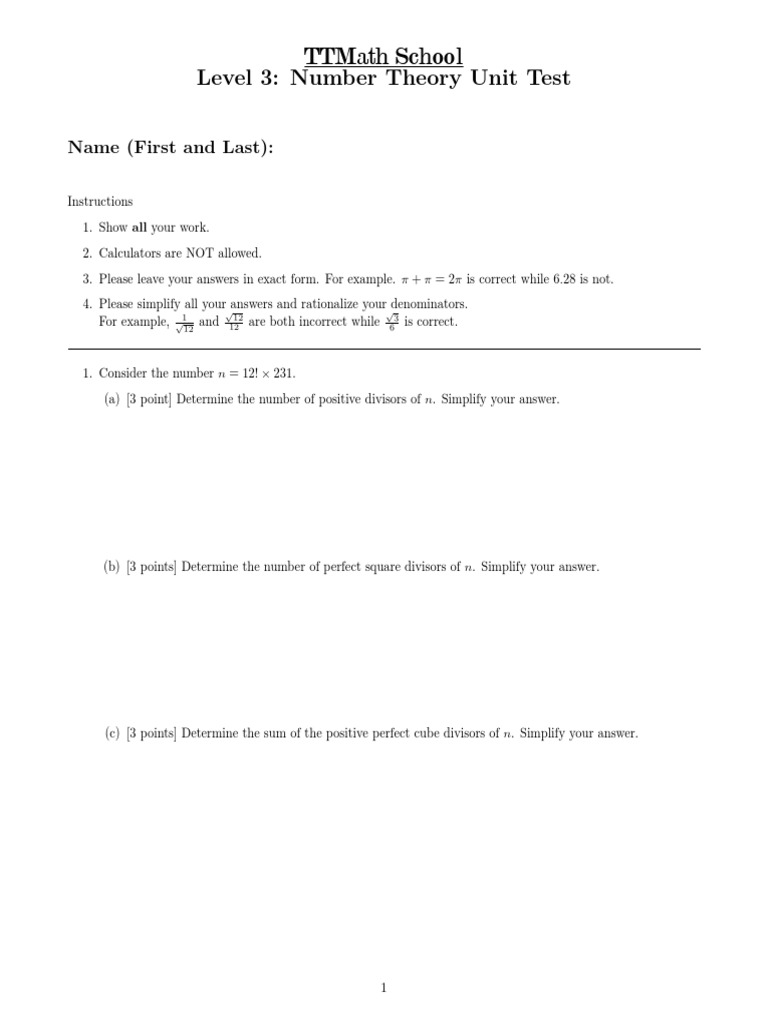 L3 Number Theory Unit Test V1 | PDF | Mathematical Concepts | Abstract ...