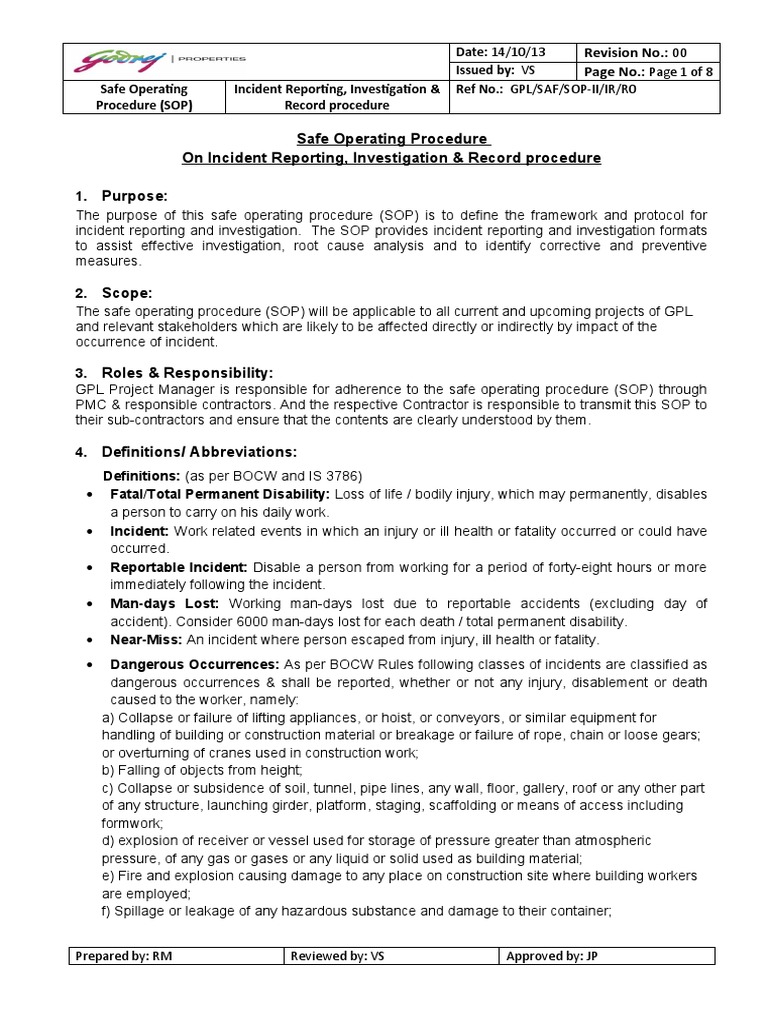 02 - SOP On Incident Reporting, Investigation & Record Procedure | PDF ... 02 - SOP On Incident Reporting, Investigation & Record Procedure | PDF ...