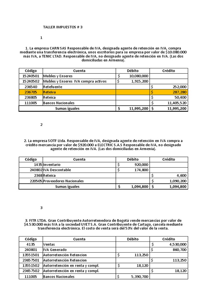 Taller de Impuestos No 3 | PDF | Impuesto al valor agregado | Tarjeta de débito