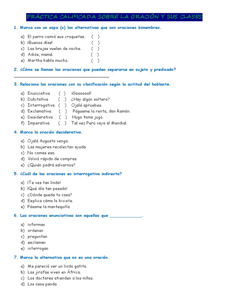 Práctica de Oraciones para Estudiantes | PDF