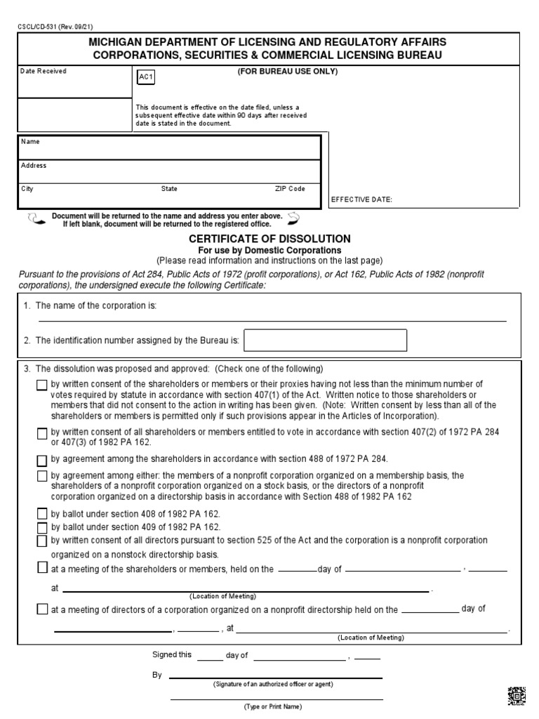 Michigan Certificate of Dissolution Form | PDF | Corporations ...
