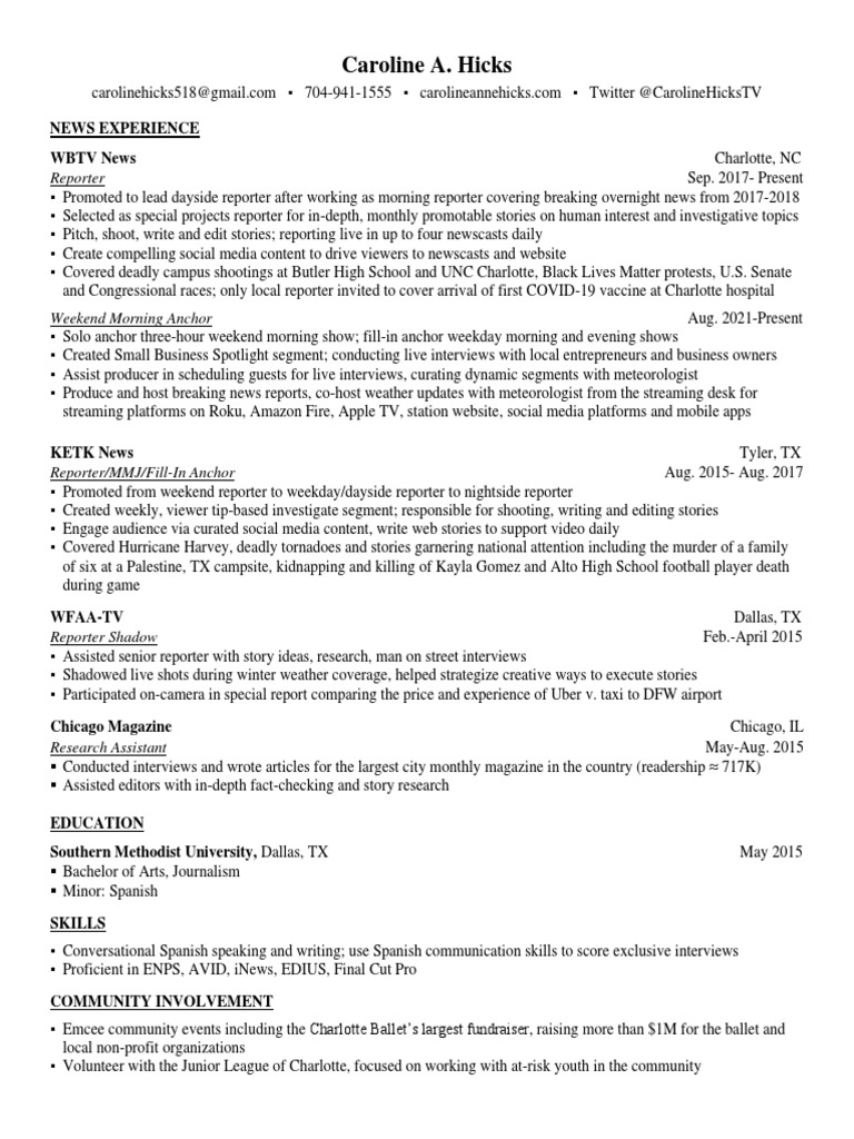 Caroline Hicks Resume 2023 | PDF | News Broadcasting | Mass Media