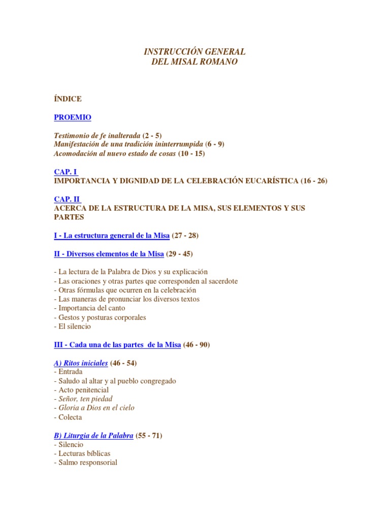 Resumen-IGMR INSTRUCCIÓN GENERAL DEL MISAL ROMANO | PDF | Misa ...