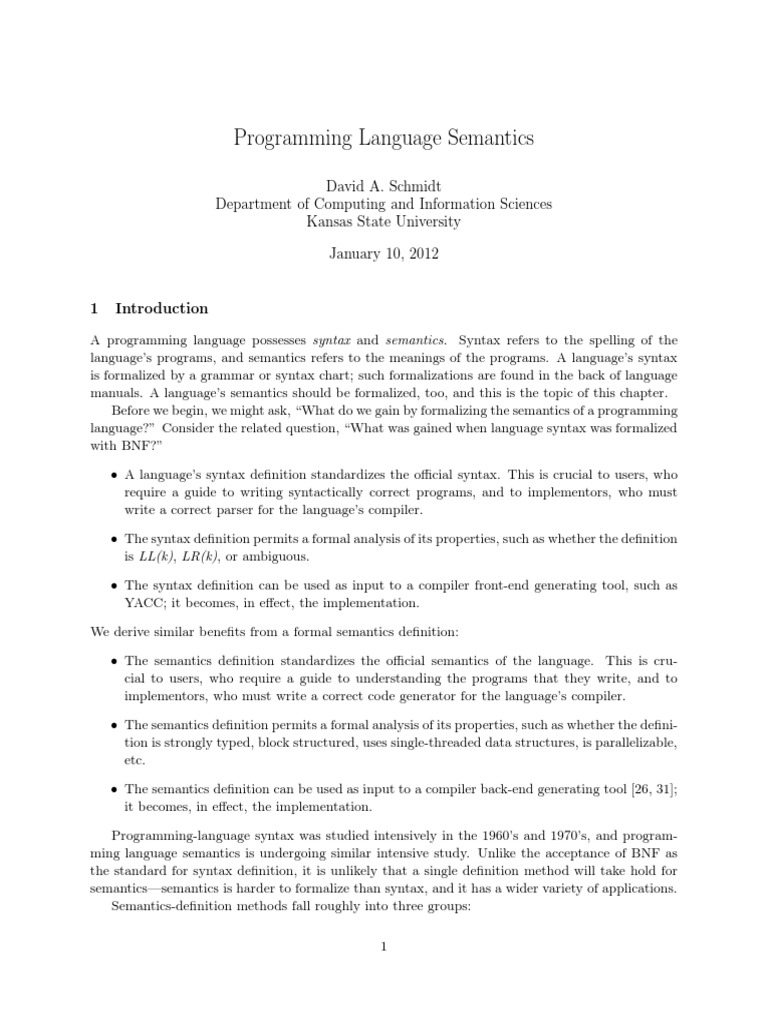 David A. Schmidt - Programming Language Semantics | PDF | Formal Methods | Programming