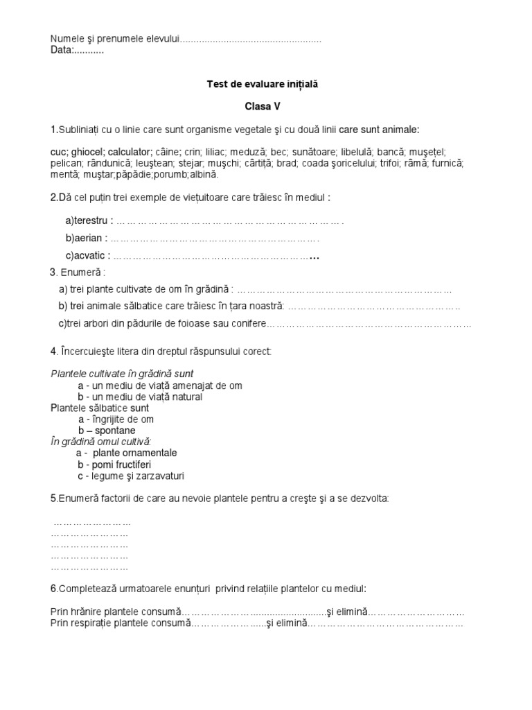 0 Test de Evaluare Initiala La Cl.a 5 Biologie