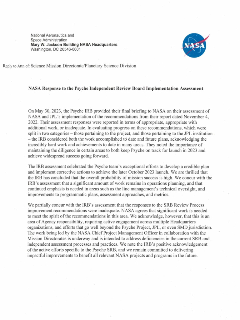 Psyche Irb Assessment Report With Nasa Response May 2023 508 | PDF ...