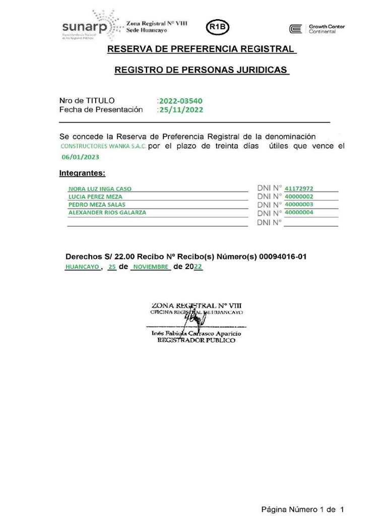 1B-Rpta - Esquela de Reserva de Nombre | PDF