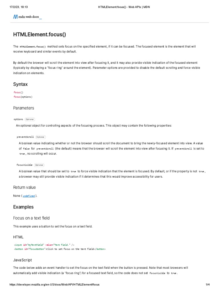 HTMLElement - Focus - Web APIs - MDN | PDF | Button (Computing) | World Wide Web
