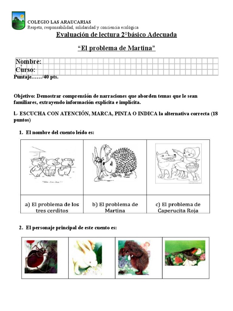 Evaluación de Lectura El Problema de Martina | PDF