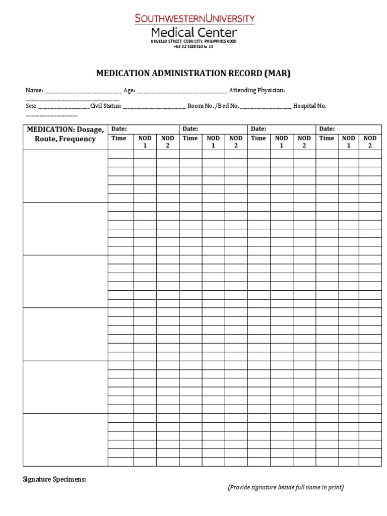 Medication Administration Record (Mar) : MEDICATION: Dosage, Route ...